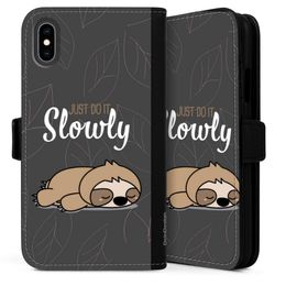 DeinDesign iPhone X Handy Klapph&uuml;lle Handyh&uuml;lle aus Kunst Leder schwarz Flip Case Sloth Lazy Sunday Sayings Sideflip mit langer Lasche