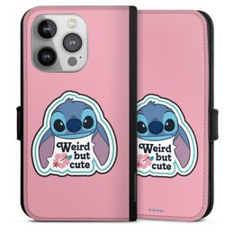 DeinDesign iPhone 14 Pro Handy Klapph&uuml;lle Handyh&uuml;lle aus Kunst Leder schwarz Flip Case Lilo & Stitch Disney Sayings Sideflip mit langer Lasche
