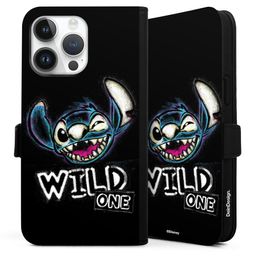 DeinDesign iPhone 14 Pro Max Handy Klapph&uuml;lle Handyh&uuml;lle aus Kunst Leder schwarz Flip Case Lilo & Stitch Disney Official Licensed Product Sideflip mit Lasche