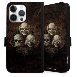 DeinDesign iPhone 14 Pro Max Handy Klapph&uuml;lle Handyh&uuml;lle aus Kunst Leder schwarz Flip Case Gothic Art Skulls Sideflip mit Lasche
