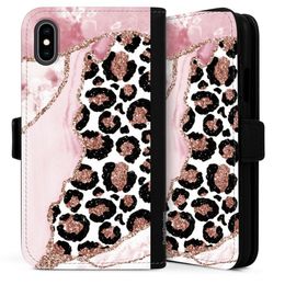 DeinDesign iPhone X Handy Klapph&uuml;lle Handyh&uuml;lle aus Kunst Leder schwarz Flip Case Leopard Glitzer Marble Sideflip mit langer Lasche