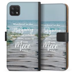 DeinDesign Galaxy A22 5G Handy Klapph&uuml;lle Handyh&uuml;lle aus Kunst Leder schwarz Flip Case Statement Beach Spruch Sideflip mit langer Lasche