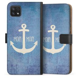 DeinDesign Galaxy A22 5G Handy Klapph&uuml;lle Handyh&uuml;lle aus Kunst Leder schwarz Flip Case Anchor Maritim Blue Sideflip mit langer Lasche