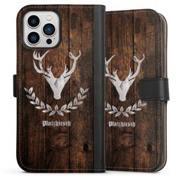 DeinDesign iPhone 13 Pro Max Handy Klapph&uuml;lle Handyh&uuml;lle aus Kunst Leder schwarz Flip Case Wooden Look Deer Wood Sideflip mit langer Lasche