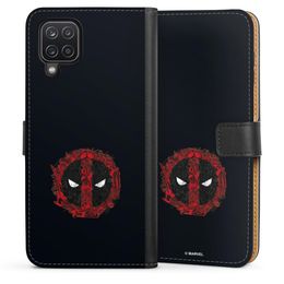 DeinDesign Galaxy A12 Handy Klapph&uuml;lle Handyh&uuml;lle aus Kunst Leder schwarz Flip Case Deadpool Marvel Logo Sideflip mit langer Lasche