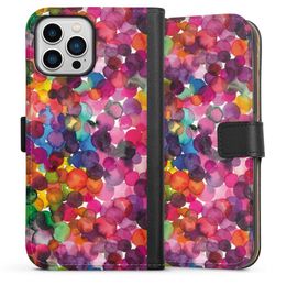 DeinDesign iPhone 13 Pro Max Handy Klapph&uuml;lle Handyh&uuml;lle aus Kunst Leder schwarz Flip Case Water Colour Colourful Points Sideflip mit langer Lasche