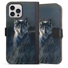 DeinDesign iPhone 13 Pro Max Handy Klapph&uuml;lle Handyh&uuml;lle aus Kunst Leder schwarz Flip Case Wolf Painting Nature Sideflip mit langer Lasche
