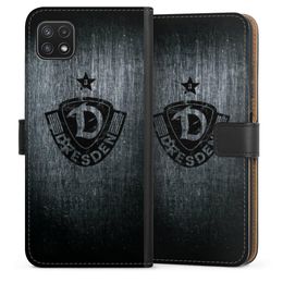 DeinDesign Galaxy A22 5G Handy Klapph&uuml;lle Handyh&uuml;lle aus Kunst Leder schwarz Flip Case Sg Dynamo Dresden Official Licensed Product Vintage Sideflip mit langer 