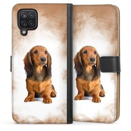DeinDesign Galaxy A12 Handy Klapph&uuml;lle Handyh&uuml;lle aus Kunst Leder schwarz Flip Case Pet Dachshund Dog Sideflip mit langer Lasche