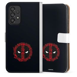 DeinDesign Galaxy A33 5G Handy Klapph&uuml;lle Handyh&uuml;lle aus Kunst Leder wei&szlig; Flip Case Deadpool Marvel Logo Sideflip mit Lasche