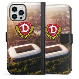 DeinDesign iPhone 13 Pro Max Handy Klapph&uuml;lle Handyh&uuml;lle aus Kunst Leder schwarz Flip Case Sgd Sg Dynamo Dresden Stadium Sideflip mit langer Lasche