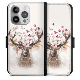 DeinDesign iPhone 14 Pro Handy Klapph&uuml;lle Handyh&uuml;lle aus Kunst Leder schwarz Flip Case Deer Flowers Animals Sideflip mit langer Lasche