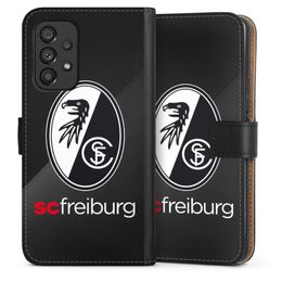DeinDesign Galaxy A53 5G Handy Klapph&uuml;lle Handyh&uuml;lle aus Kunst Leder schwarz Flip Case Lettering Sc Freiburg Logo Sideflip mit langer Lasche
