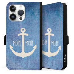 DeinDesign iPhone 14 Pro Max Handy Klapph&uuml;lle Handyh&uuml;lle aus Kunst Leder schwarz Flip Case Anchor Maritim Blue Sideflip mit Lasche