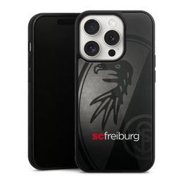 DeinDesign iPhone 15 Pro Handy Gallery Case Handyh&uuml;lle 9H Geh&auml;rtetes Glas R&uuml;ckseite H&uuml;lle Official Licensed Product Sc Freiburg Metallic Look Gallery Case