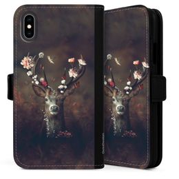 DeinDesign iPhone X Handy Klapph&uuml;lle Handyh&uuml;lle aus Kunst Leder schwarz Flip Case Reindeer Flowers Rehe Sideflip mit langer Lasche