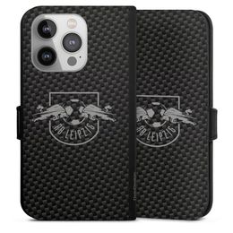 DeinDesign iPhone 14 Pro Handy Klapph&uuml;lle Handyh&uuml;lle aus Kunst Leder schwarz Flip Case Rb Leipzig Carbon Metallic Look Sideflip mit langer Lasche