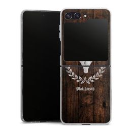 DeinDesign Galaxy Z Flip 5 Handy Hard Case Schutzh&uuml;lle transparent Smartphone Handy H&uuml;lle Wood Deer Wooden Look Hard Case