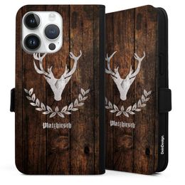 DeinDesign iPhone 14 Pro Max Handy Klapph&uuml;lle Handyh&uuml;lle aus Kunst Leder schwarz Flip Case Wooden Look Deer Wood Sideflip mit Lasche