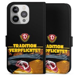 DeinDesign iPhone 14 Pro Handy Klapph&uuml;lle Handyh&uuml;lle aus Kunst Leder schwarz Flip Case Sgd Sg Dynamo Dresden Merchandise Sideflip mit langer Lasche