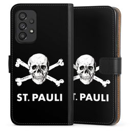 DeinDesign Galaxy A53 5G Handy Klapph&uuml;lle Handyh&uuml;lle aus Kunst Leder schwarz Flip Case Official Licensed Product Fc St. Pauli Totenkopf Sideflip mit langer 
