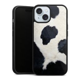 DeinDesign iPhone 15 Handy Gallery Case Handyh&uuml;lle 9H Geh&auml;rtetes Glas R&uuml;ckseite H&uuml;lle Animal Look Animal Print Cow Skin Gallery Case
