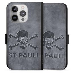 DeinDesign iPhone 14 Pro Handy Klapph&uuml;lle Handyh&uuml;lle aus Kunst Leder schwarz Flip Case Logo Fc St. Pauli Concrete Sideflip mit langer Lasche