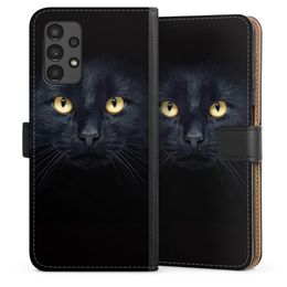 DeinDesign Galaxy A13 4G Handy Klapph&uuml;lle Handyh&uuml;lle aus Kunst Leder schwarz Flip Case Cat Black Eye Sideflip mit langer Lasche