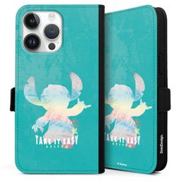 DeinDesign iPhone 14 Pro Max Handy Klapph&uuml;lle Handyh&uuml;lle aus Kunst Leder schwarz Flip Case Lilo & Stitch Official Licensed Product Disney Sideflip mit Lasche