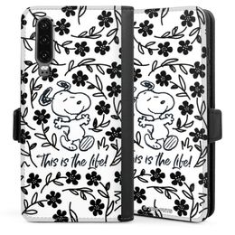 DeinDesign Huawei P30 Handy Klapph&uuml;lle Handyh&uuml;lle aus Kunst Leder schwarz Flip Case Peanuts Flowers Snoopy Sideflip mit langer Lasche