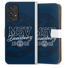 DeinDesign Galaxy A33 5G Handy Klapph&uuml;lle Handyh&uuml;lle aus Kunst Leder wei&szlig; Flip Case Msv Duisburg Merchandise Soccer Sideflip mit Lasche