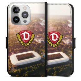 DeinDesign iPhone 14 Pro Handy Klapph&uuml;lle Handyh&uuml;lle aus Kunst Leder schwarz Flip Case Sgd Sg Dynamo Dresden Stadium Sideflip mit langer Lasche