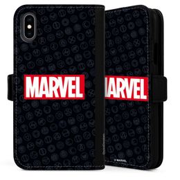 DeinDesign iPhone X Handy Klapph&uuml;lle Handyh&uuml;lle aus Kunst Leder schwarz Flip Case Logo Marvel Comic Sideflip mit langer Lasche