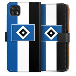 DeinDesign Galaxy A22 5G Handy Klapph&uuml;lle Handyh&uuml;lle aus Kunst Leder schwarz Flip Case Stripes Hsv Hamburger Sv Sideflip mit langer Lasche