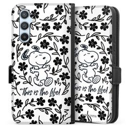 DeinDesign Galaxy A54 5G Handy Klapph&uuml;lle Handyh&uuml;lle aus Kunst Leder schwarz Flip Case Peanuts Flowers Snoopy Sideflip mit Lasche
