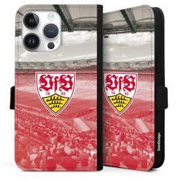 DeinDesign iPhone 14 Pro Max Handy Klapph&uuml;lle Handyh&uuml;lle aus Kunst Leder schwarz Flip Case Stadium Vfb Stuttgart Official Licensed Product Sideflip mit Lasche