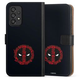 DeinDesign Galaxy A33 5G Handy Klapph&uuml;lle Handyh&uuml;lle aus Kunst Leder schwarz Flip Case Deadpool Marvel Logo Sideflip mit langer Lasche