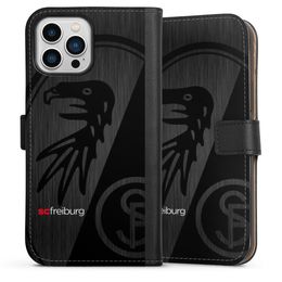 DeinDesign iPhone 13 Pro Max Handy Klapph&uuml;lle Handyh&uuml;lle aus Kunst Leder schwarz Flip Case Sc Freiburg Metallic Look Official Licensed Product Sideflip mit 