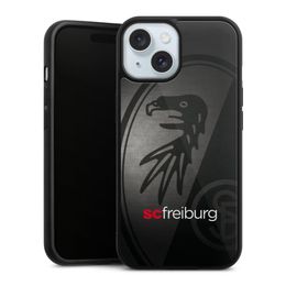 DeinDesign iPhone 15 Handy Gallery Case Handyh&uuml;lle 9H Geh&auml;rtetes Glas R&uuml;ckseite H&uuml;lle Official Licensed Product Sc Freiburg Metallic Look Gallery Case