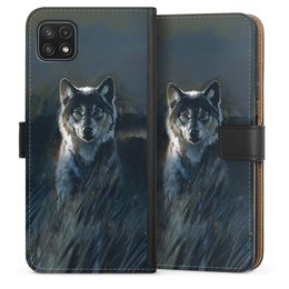 DeinDesign Galaxy A22 5G Handy Klapph&uuml;lle Handyh&uuml;lle aus Kunst Leder schwarz Flip Case Nature Painting Wolf Sideflip mit langer Lasche
