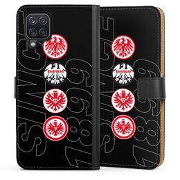 DeinDesign Galaxy A12 Handy Klapph&uuml;lle Handyh&uuml;lle aus Kunst Leder schwarz Flip Case Eagle Eintracht Frankfurt Logo Sideflip mit langer Lasche