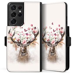 DeinDesign Galaxy S21 Ultra 5G Handy Klapph&uuml;lle Handyh&uuml;lle aus Kunst Leder schwarz Flip Case Deer Flowers Animals Sideflip mit Lasche