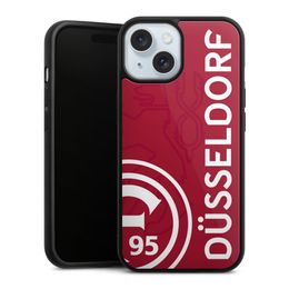 DeinDesign iPhone 15 Handy Gallery Case Handyh&uuml;lle 9H Geh&auml;rtetes Glas R&uuml;ckseite H&uuml;lle Lettering F95 Fortuna D&uuml;sseldorf Gallery Case