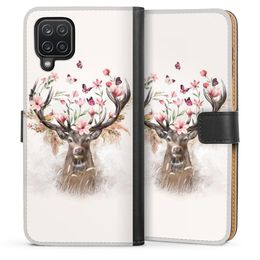 DeinDesign Galaxy A12 Handy Klapph&uuml;lle Handyh&uuml;lle aus Kunst Leder schwarz Flip Case Flowers Deer Animals Sideflip mit langer Lasche