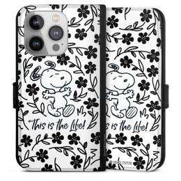 DeinDesign iPhone 14 Pro Handy Klapph&uuml;lle Handyh&uuml;lle aus Kunst Leder schwarz Flip Case Peanuts Flowers Snoopy Sideflip mit langer Lasche