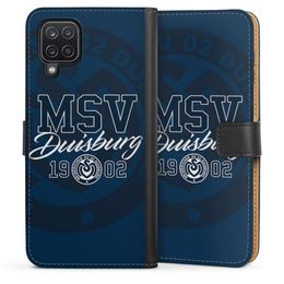DeinDesign Galaxy A12 Handy Klapph&uuml;lle Handyh&uuml;lle aus Kunst Leder schwarz Flip Case Msv Duisburg Merchandise Soccer Sideflip mit langer Lasche