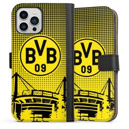 DeinDesign iPhone 13 Pro Max Handy Klapph&uuml;lle Handyh&uuml;lle aus Kunst Leder schwarz Flip Case Bvb Stadium Borussia Dortmund Sideflip mit langer Lasche