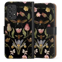 DeinDesign Galaxy A33 5G Handy Klapph&uuml;lle Handyh&uuml;lle aus Kunst Leder schwarz Flip Case Bee Blossom Flower Wreath Sideflip mit langer Lasche
