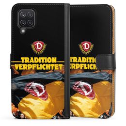 DeinDesign Galaxy A12 Handy Klapph&uuml;lle Handyh&uuml;lle aus Kunst Leder schwarz Flip Case Sg Dynamo Dresden Merchandise Sgd Sideflip mit langer Lasche