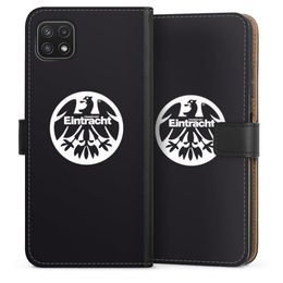 DeinDesign Galaxy A22 5G Handy Klapph&uuml;lle Handyh&uuml;lle aus Kunst Leder schwarz Flip Case Eintracht Frankfurt Logo Eagle Sideflip mit langer Lasche